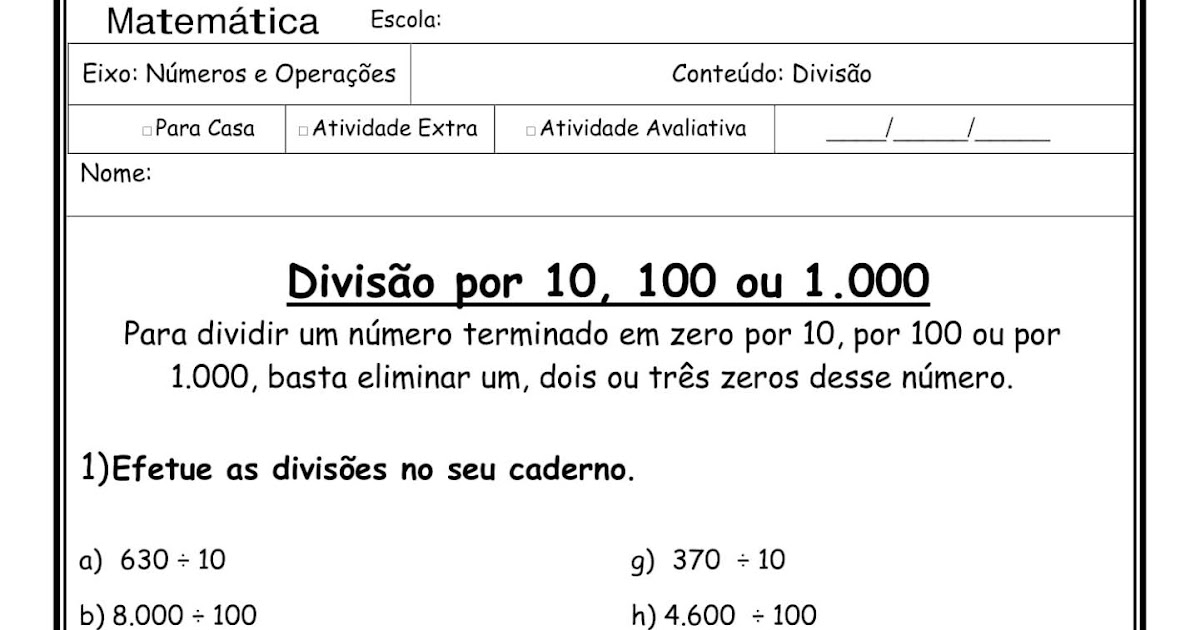 Divisão Por 100 E 1000 Atividades - RETOEDU