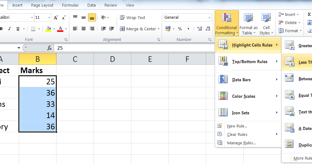 Advance Excel (Conditional Formatting)