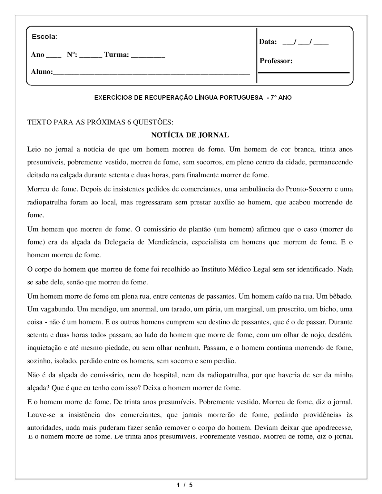 Exercicios De Portugues 7 Ano - RETOEDU