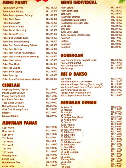 Harga Menu ES Teler 77 Terbaru 2017