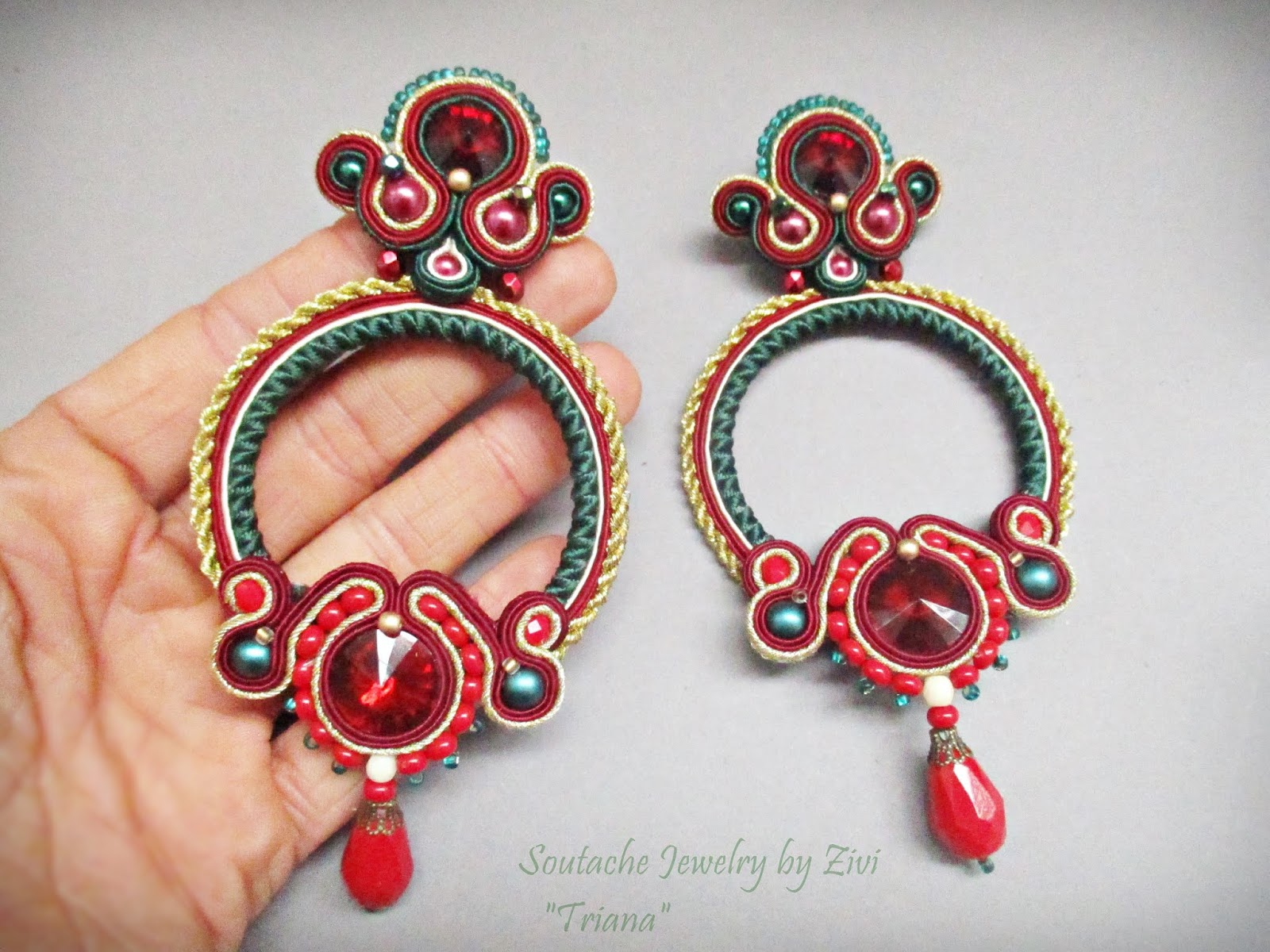 El Rinconcito de Zivi- Alta Bisuteria Soutache: Pendiente Flamenca Aro Granate Verde Dorado ...