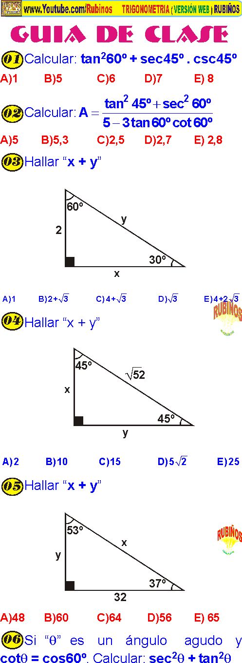 RAZONES TRIGONOMÉTRICAS EN LOS TRIÁNGULOS RECTÁNGULOS NOTABLES EJERCICIOS RESUELTOS PDF