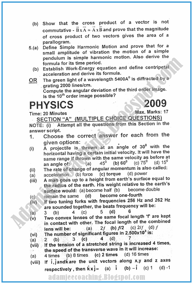 Adamjee Coaching: Physics 2009 - Past Year Paper - Class XI