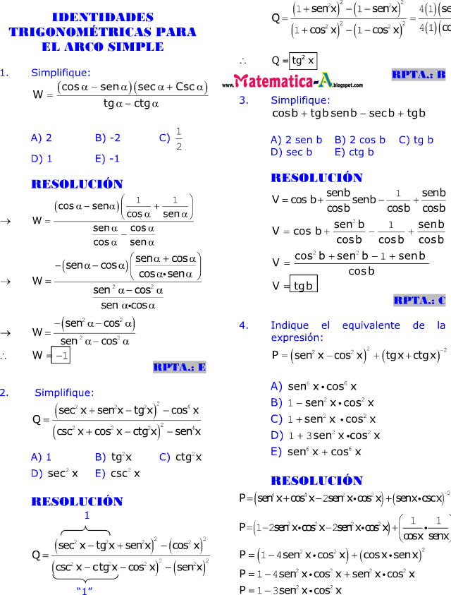 IDENTIDADES TRIGONOMÉTRICAS PARA EL ARCO SIMPLE EJERCICIOS RESUELTOS ...