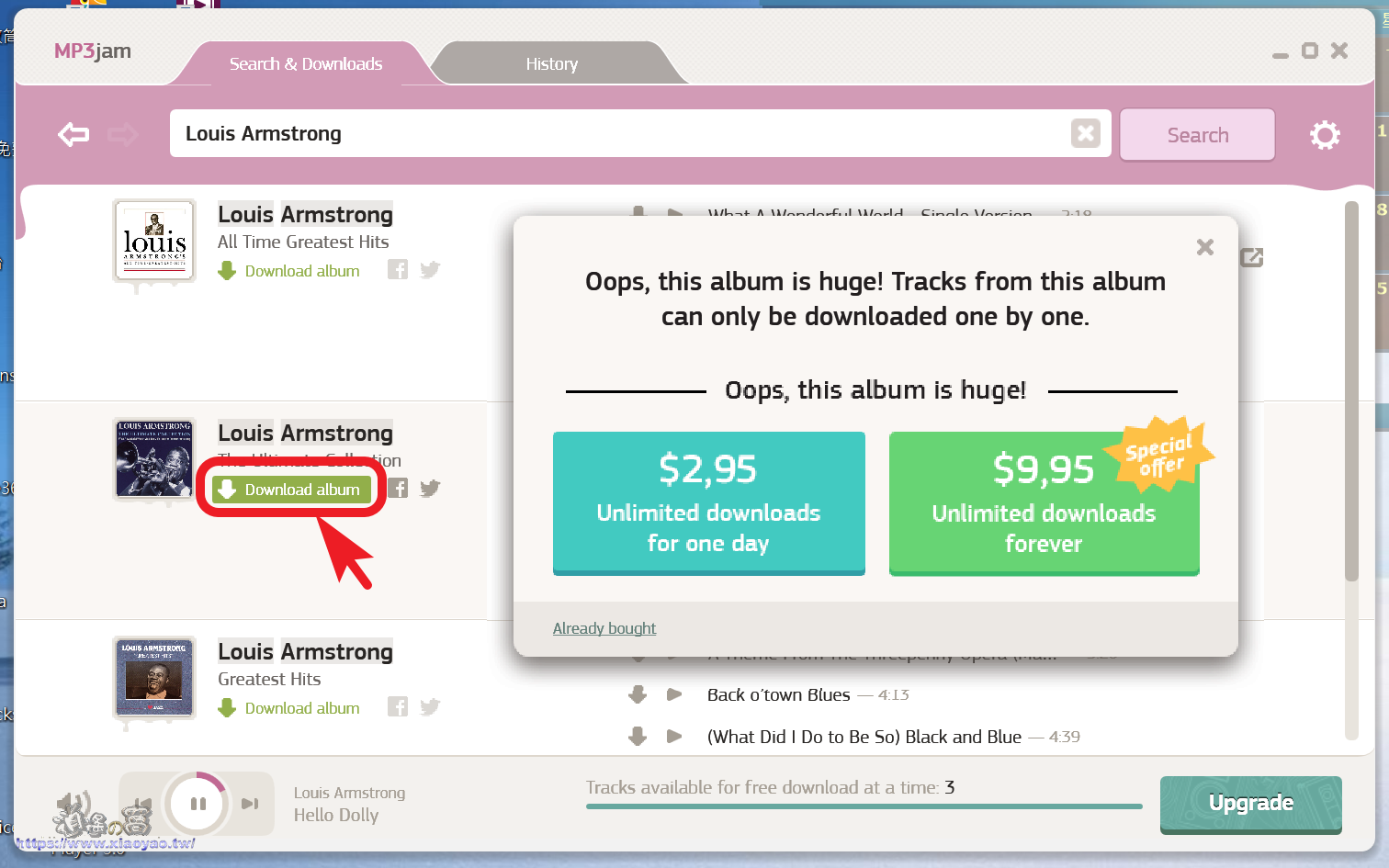 MP3jam 免費桌面版 YouTube 音樂播放器，線上收聽 MP3 支援下載 (英文/ 1.1.6 版)