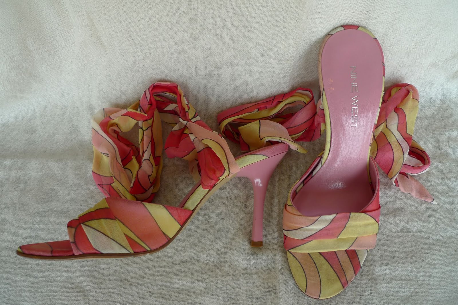 The Shoe Blog: Nine West ankle wraps 90mm in pink/yellow fabric