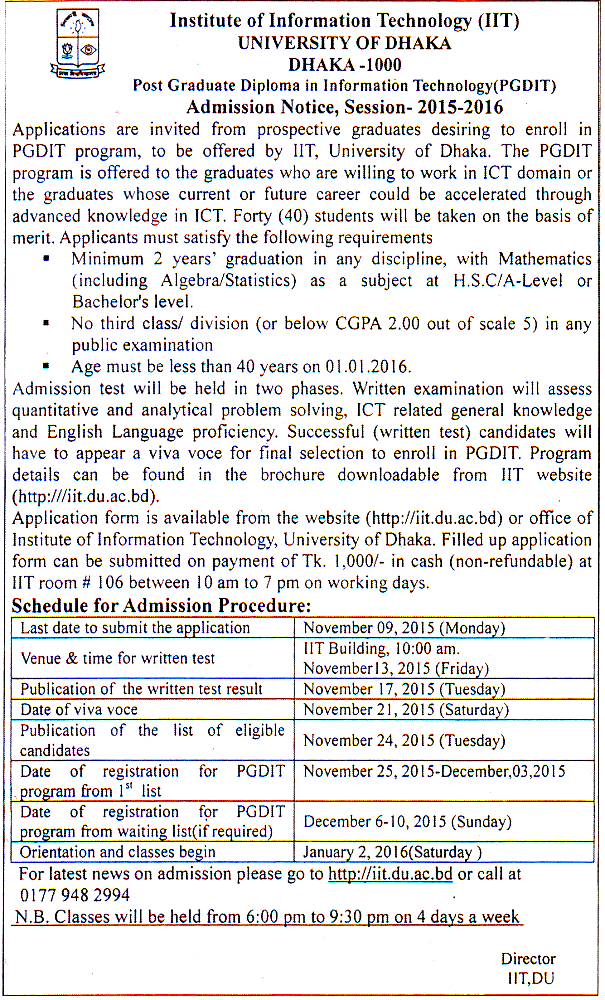 All Admission info BD: Admission Notice, Dhaka University (IIT), PGDIT.
