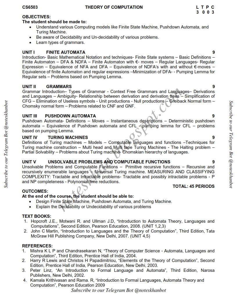 Cs6503 Theory Of Computation Syllabus Semester V Cse Be Anna University Regulation 2013 Anna