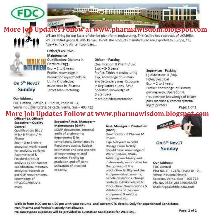 FDC Limited - Walk-In Interview for Multiple Positions on 5th November ...