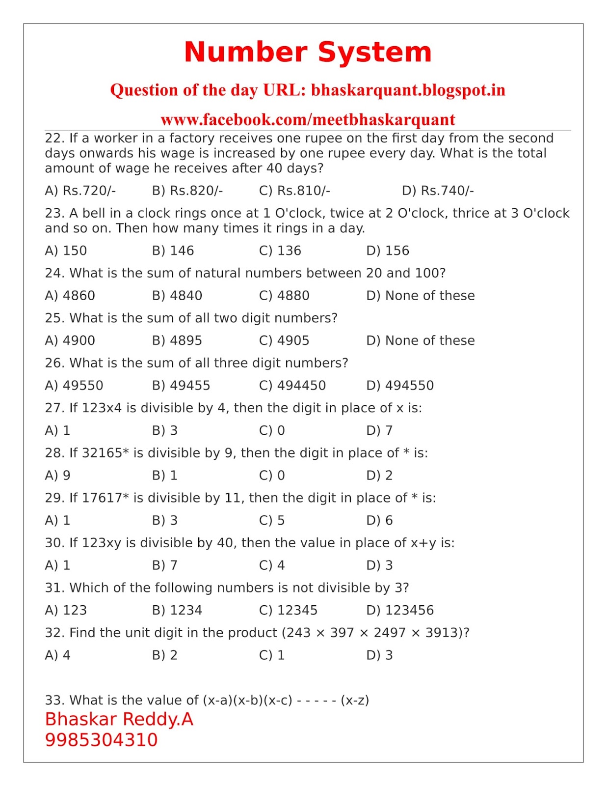 Bhaskar Reddy Ankireddypalli Aptitude Classes Number System Sample bhaskar-reddy-ankireddypalli-aptitude-classes-number-system-sample