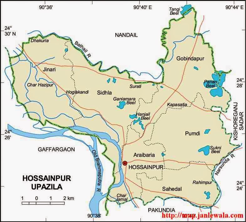 Hossainpur Upazila Map, Kishoreganj District, Bangladesh