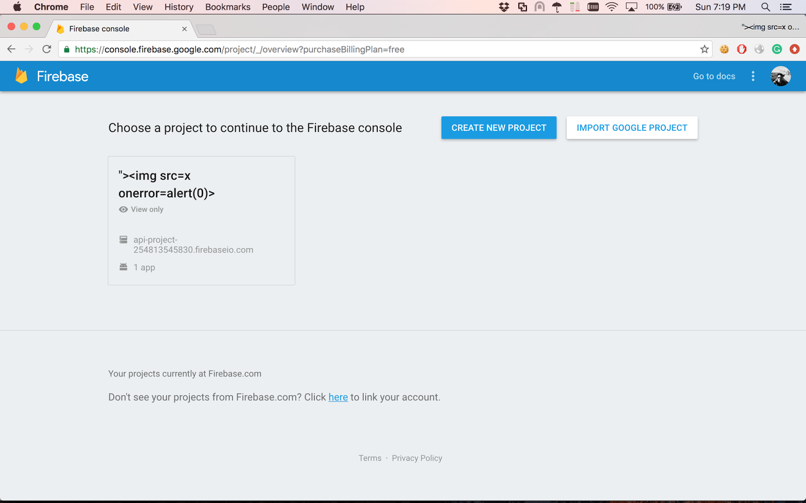Stored XSS at Google firebase via Google Cloud IAM
