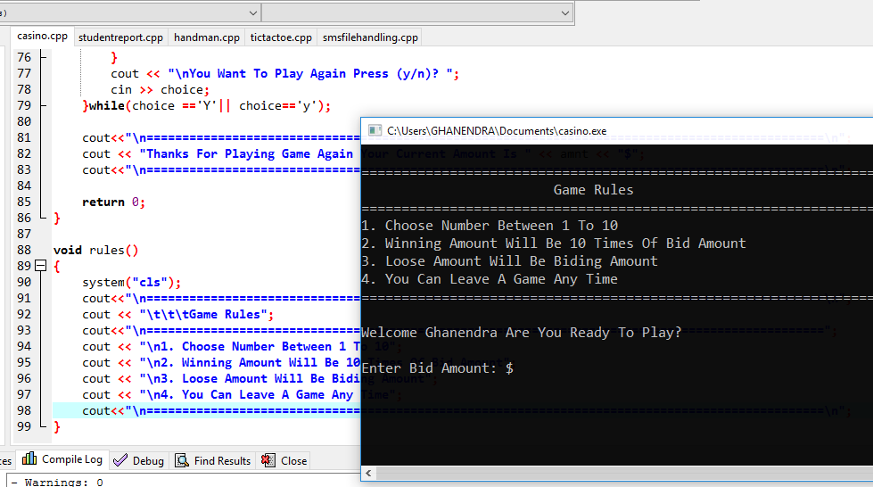 C++ Program for Casino Game: Number Guessing Program(GAME PROJECT)