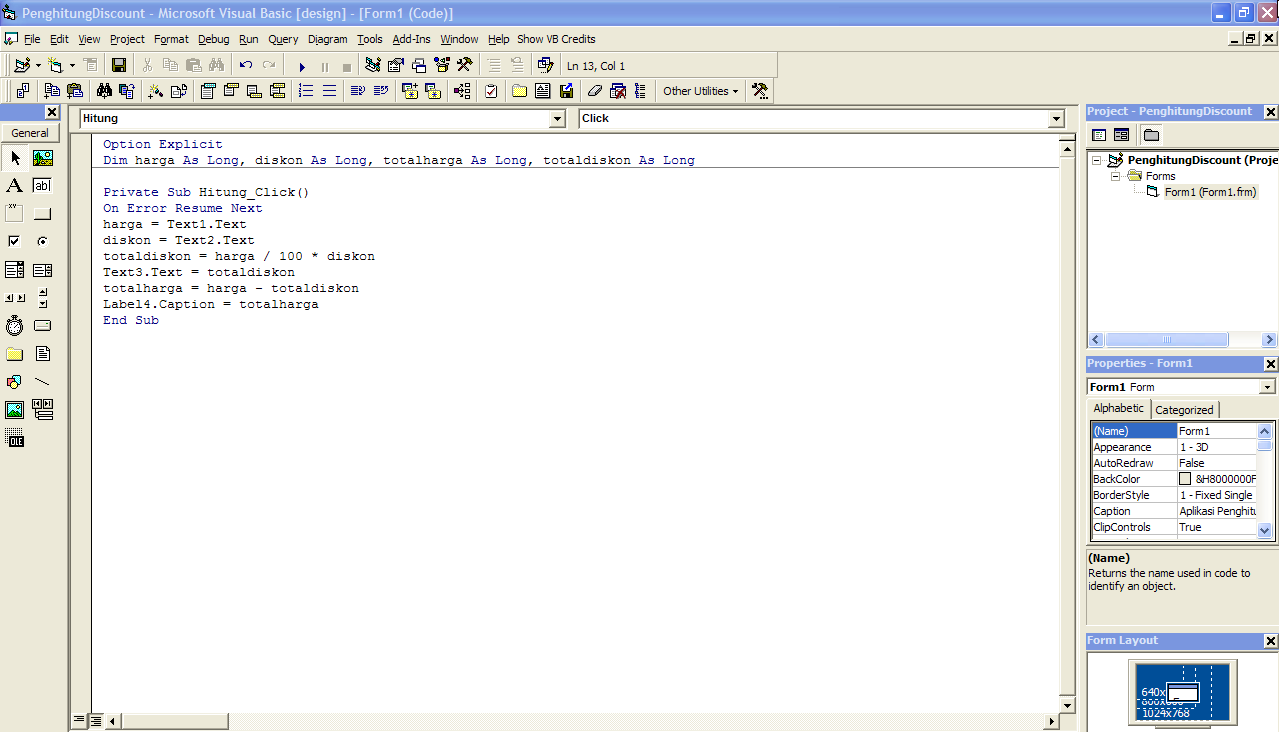 Aplikasi penghitung discount Visual Basic 6.0 ~ VB6.0 design solution