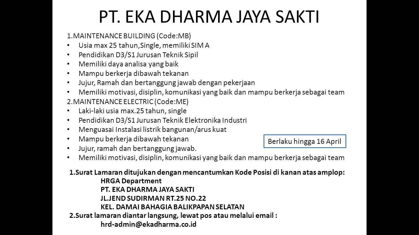 Lowongan Kerja Kota Balikpapan: Lowongan PT. EKA DHARMA JAYA SAKTI