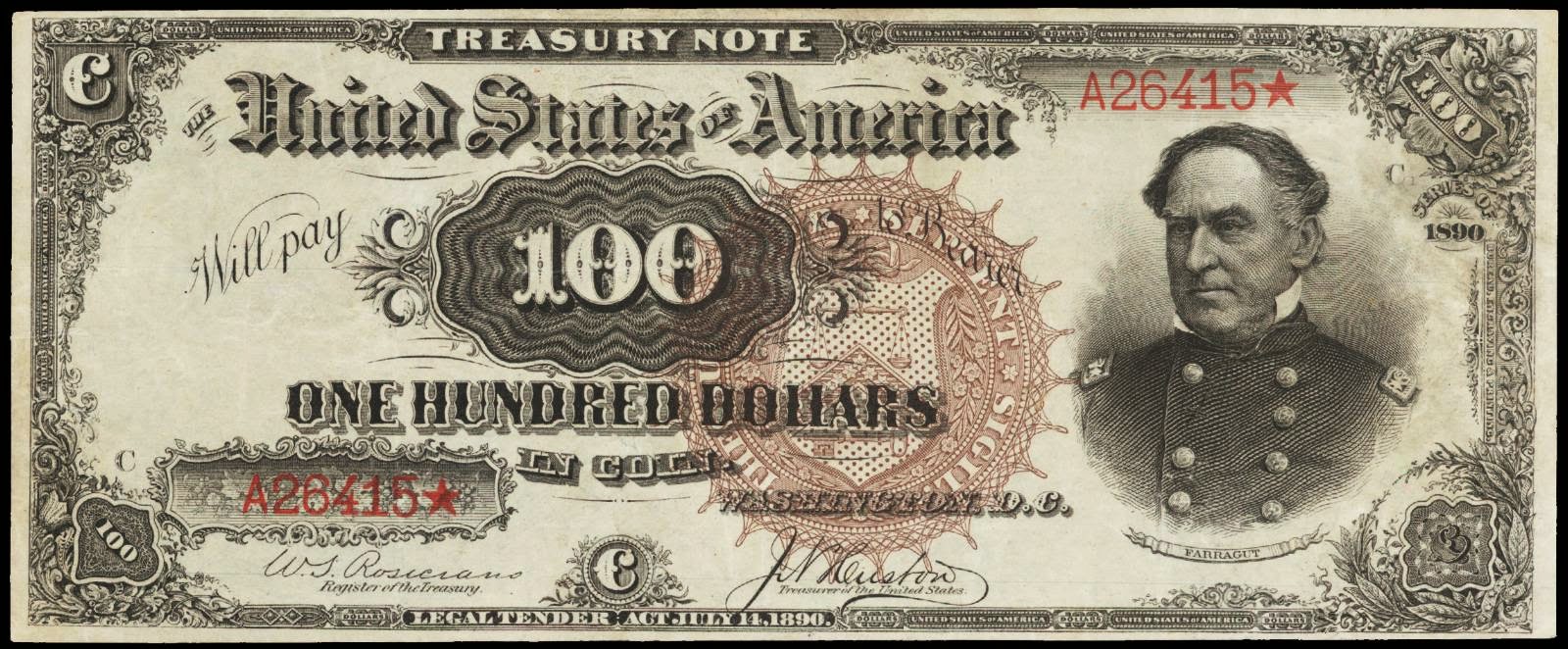 1890 100 Dollar Treasury or Coin Note "Watermelon Note"|World Banknotes ...