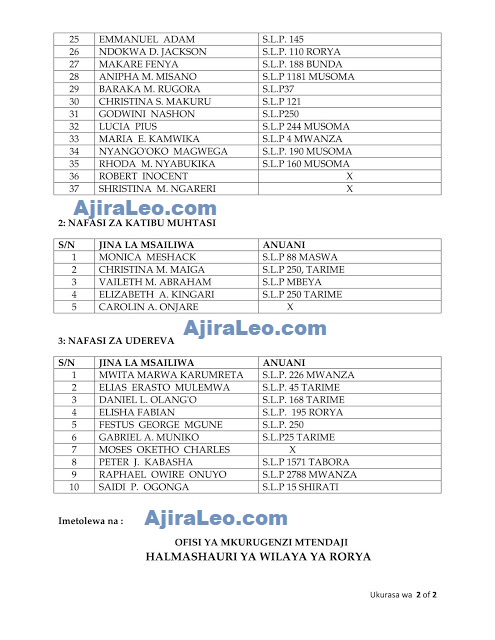 Selected Applicants To Attend Interview At Rorya District, Mara ...