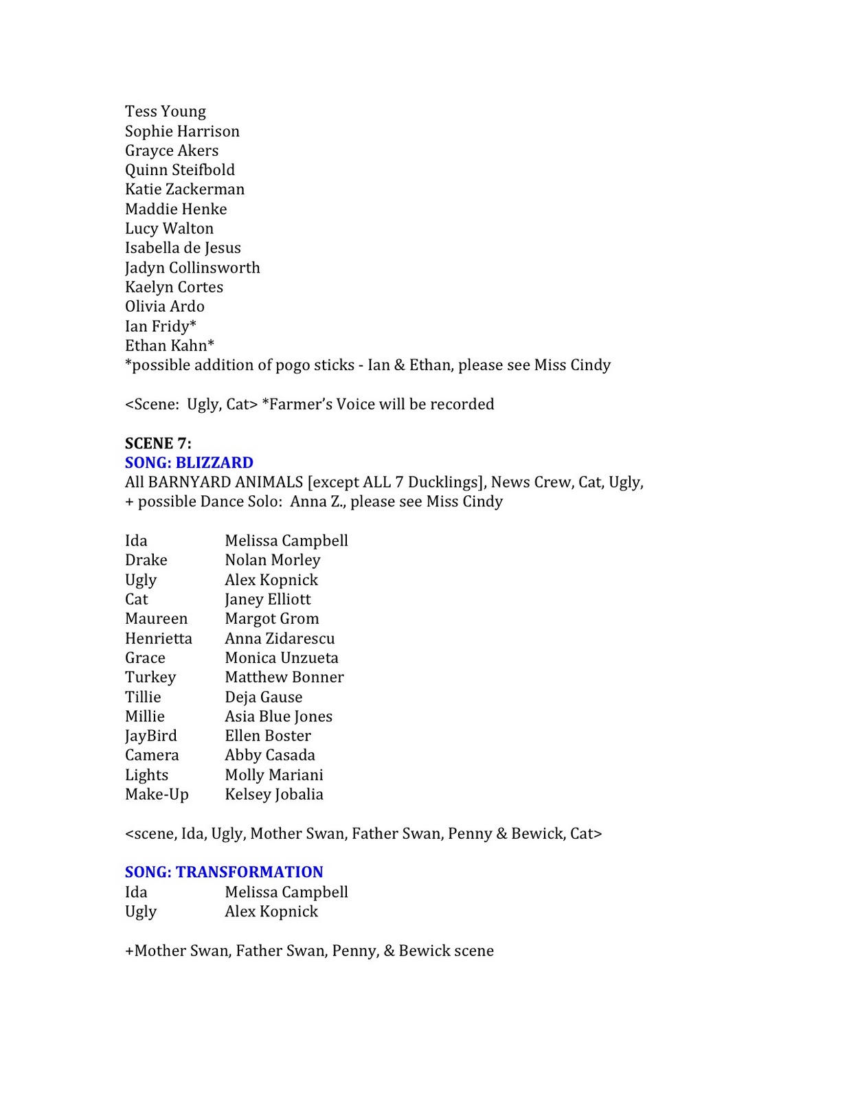 Wyoming Middle School Theater: HONK JR. Detailed Scene Breakdown