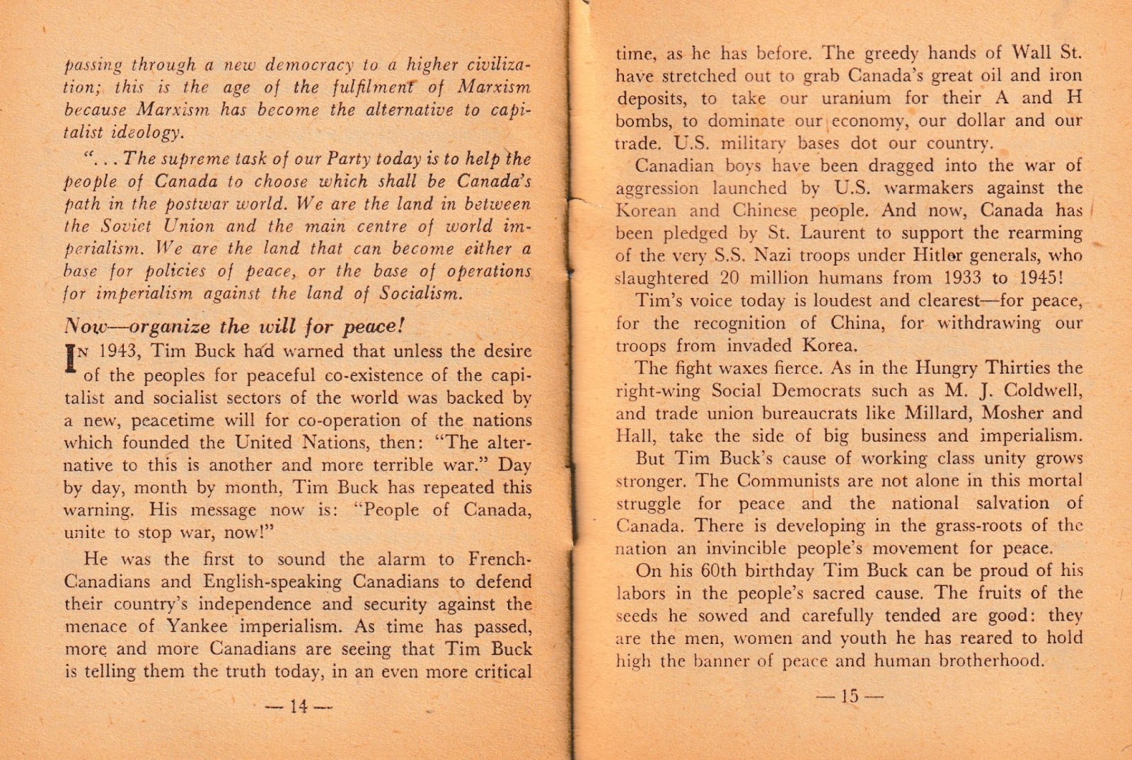 The Left Chapter: Tim Buck - Fighter for Peace and Socialism 1951