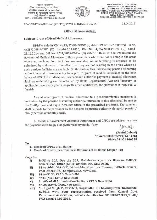 Grant of Fixed Medical Allowance.