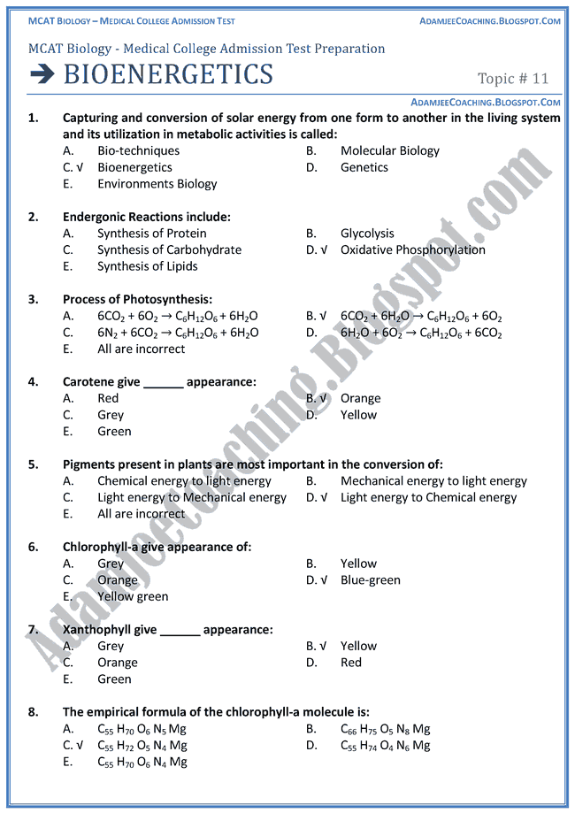 Adamjee Coaching: MCAT Biology - [Bioenergetics] Mcqs for Medical Entry ...