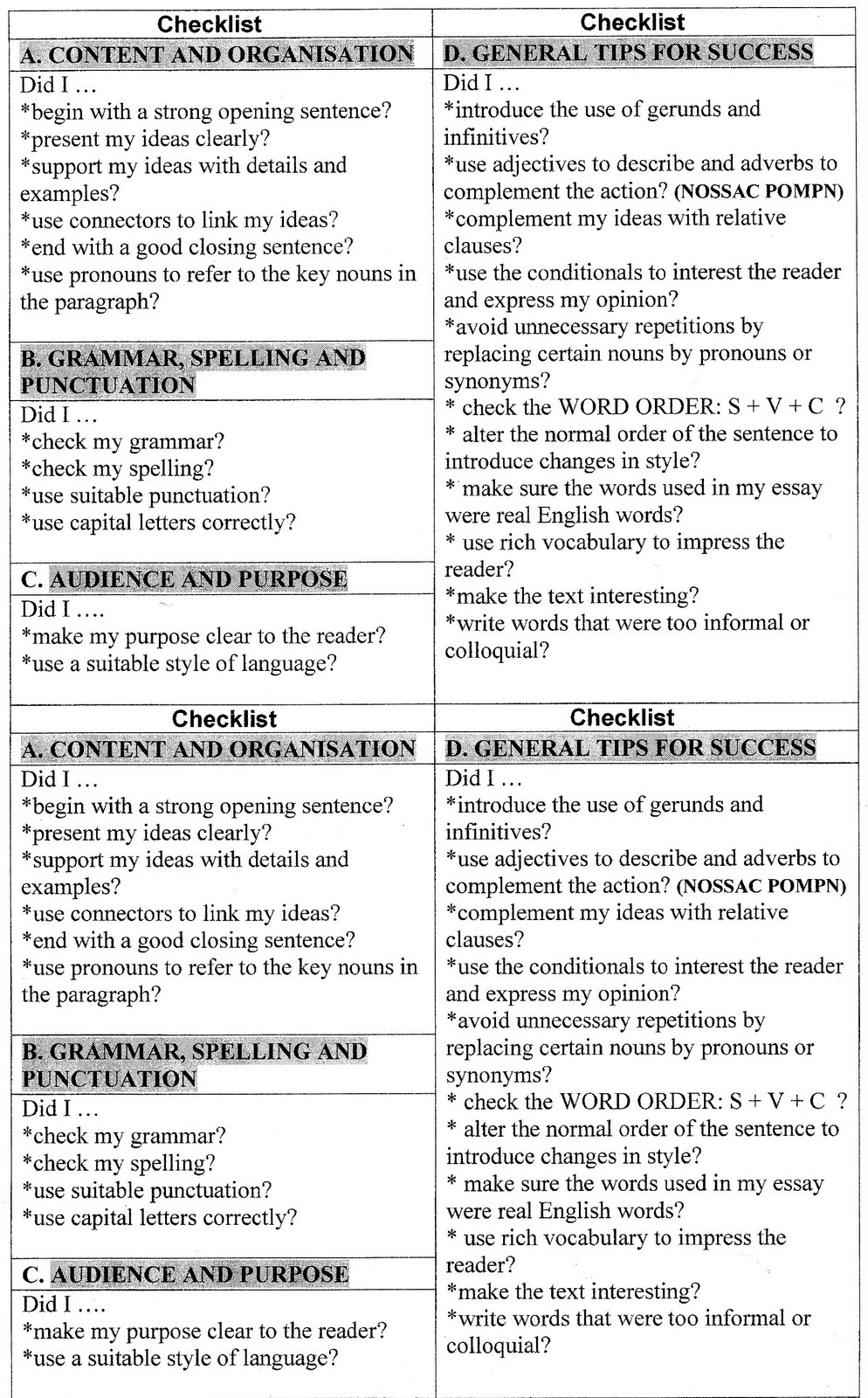 English For U: CHECKLIST WRITING
