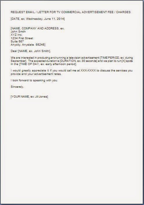 Television Advertisement Fees Inquiry Letter