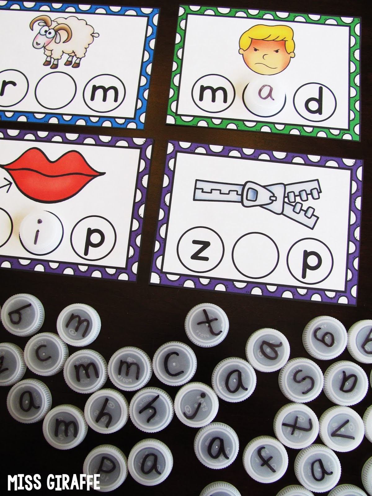 Miss Giraffe's Class: Bottle Cap CVC Word Building Centers