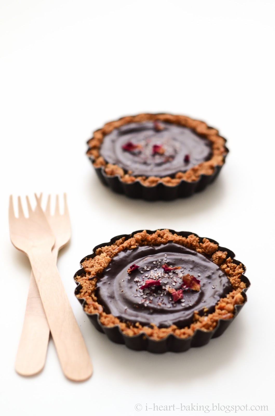 i heart baking!: dark chocolate tartlets with pretzel crust and rose ...