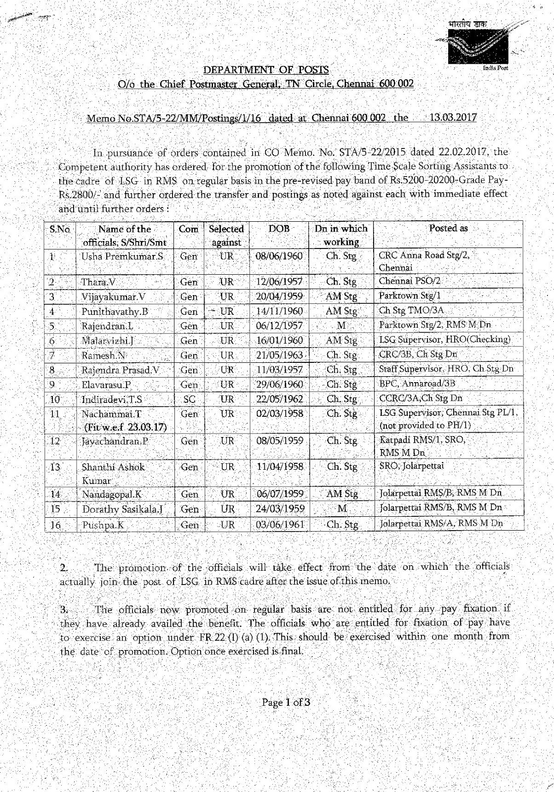 Transfer & Posting Order in LSG (RMS) cadre in RMS Units, MM Region ~ NUR'C' TAMILNADU CIRCLE