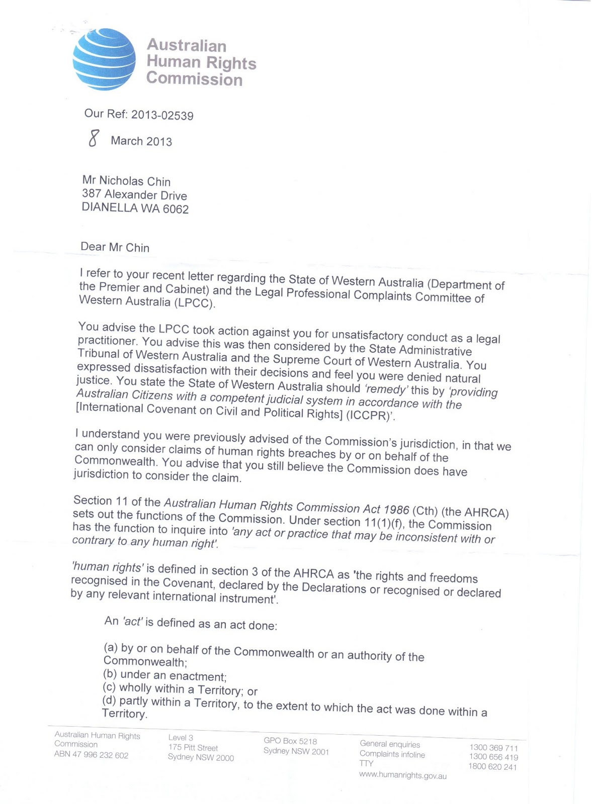 JUSTICE FOR A FORMER LAWYER IN WESTERN AUSTRALIA: RESPONSE LETTER FROM ...