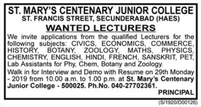 St.Mary's Centenary Junior College, Secunderabad, Wanted Lecturers Plus ...