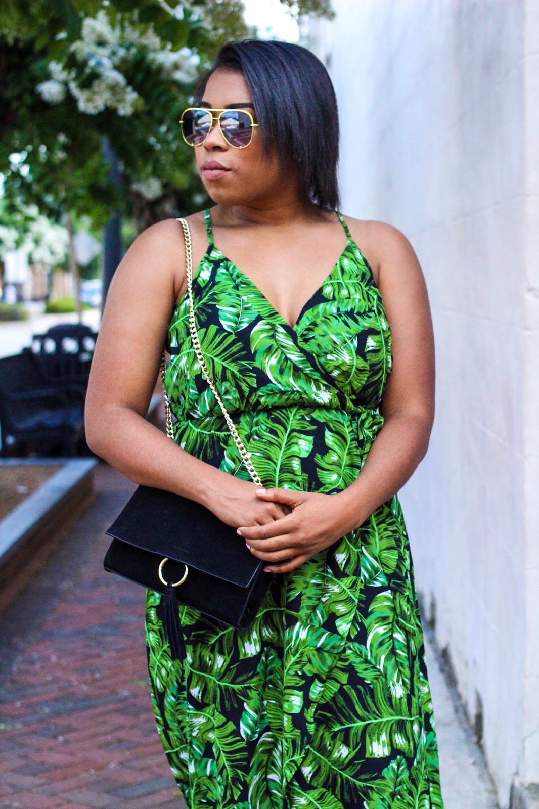 Palm Print Maxi Dress & Studded Sandals | The Savvy Singer