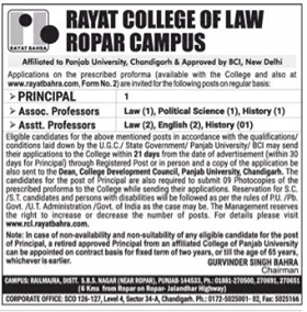 Rayat College of Law Ropar Wanted Associate Professor plus Assistant ...