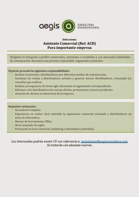 ASISTENTE COMERCIAL PARA IMPORTANTE EMPRESA -MAYO 2015-