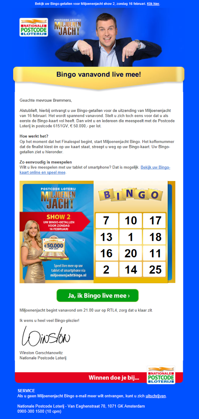 Postcodeloterij Bingo Kaart | Kaart