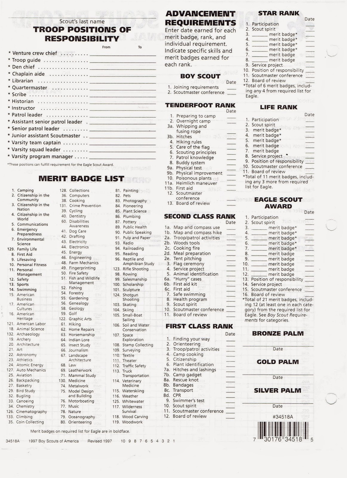 Boy Scout Advancement Sheets