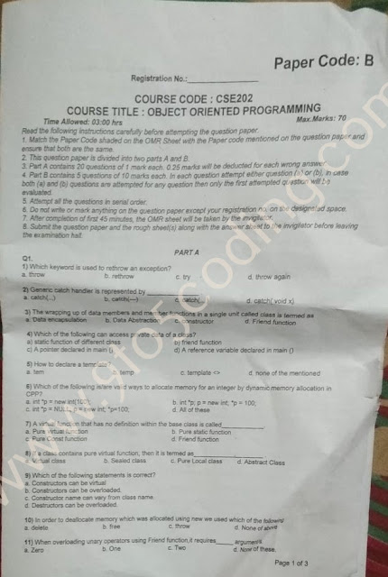 CSE-202 | OBJECT ORIENTED PROGRAMMING | C++ PROGRAMMING | LPU END TERM QUESTION PAPER