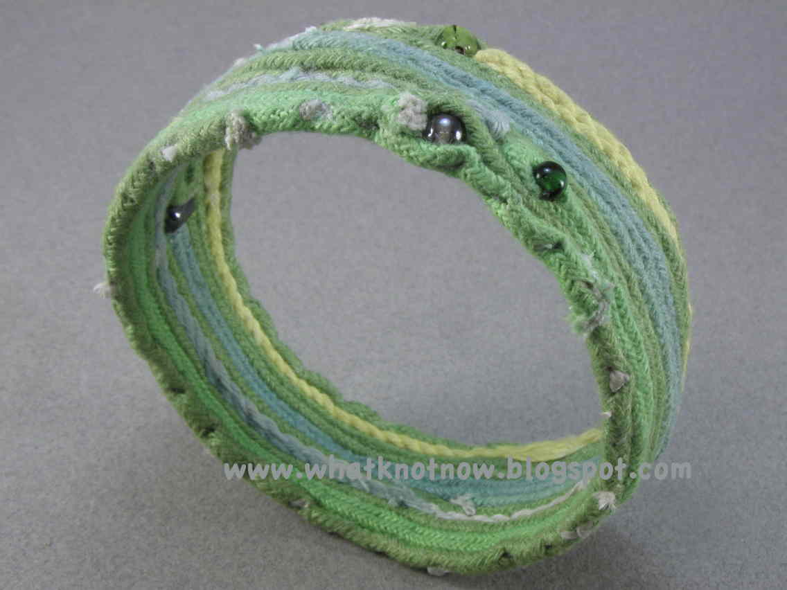 Knots and fiber bracelets: green fiber bangle bracelet with beads 1448