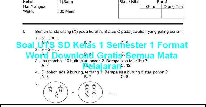 Soal UTS SD Kelas 1 Semester 1 Format Word Download Gratis Semua Mata ...