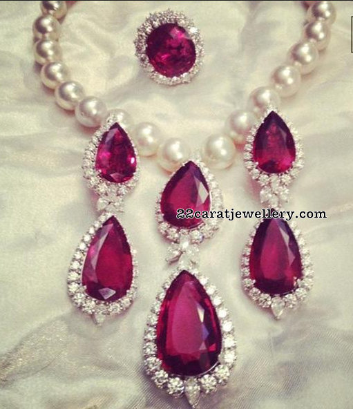 Pearl Necklace with Ruby Stone Drops - Jewellery Designs