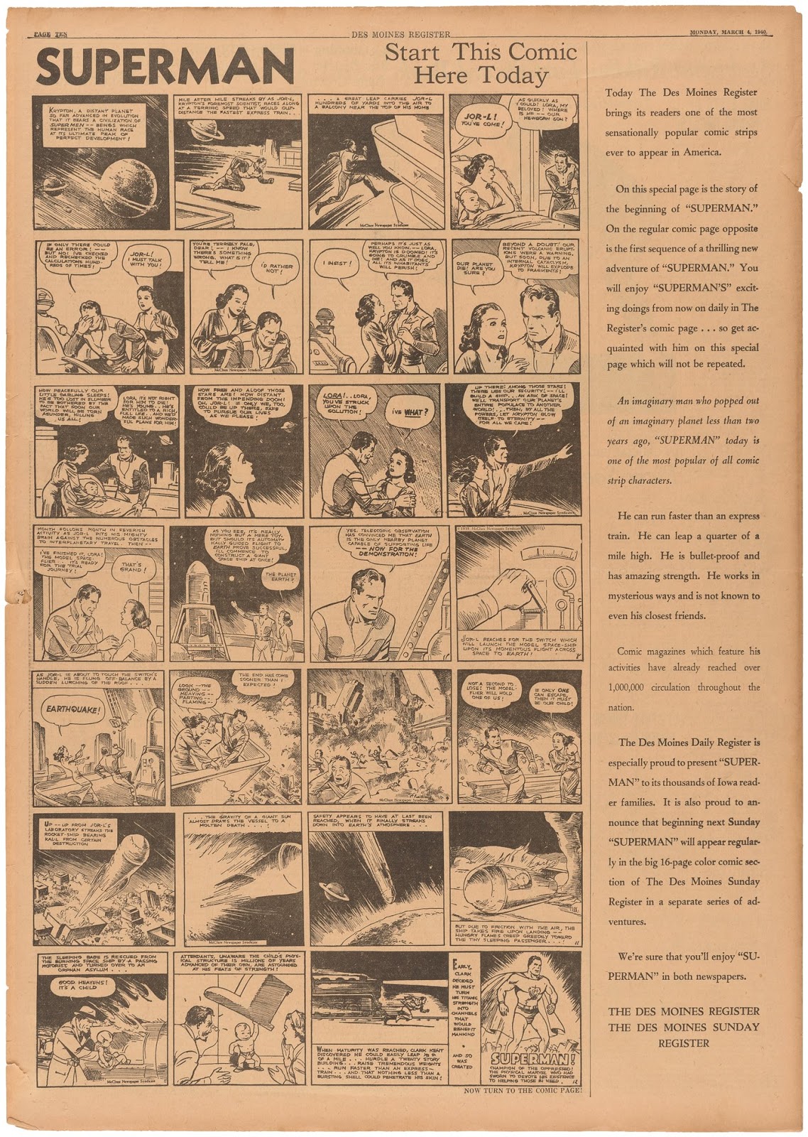 Superman comic strip debut page, 1939