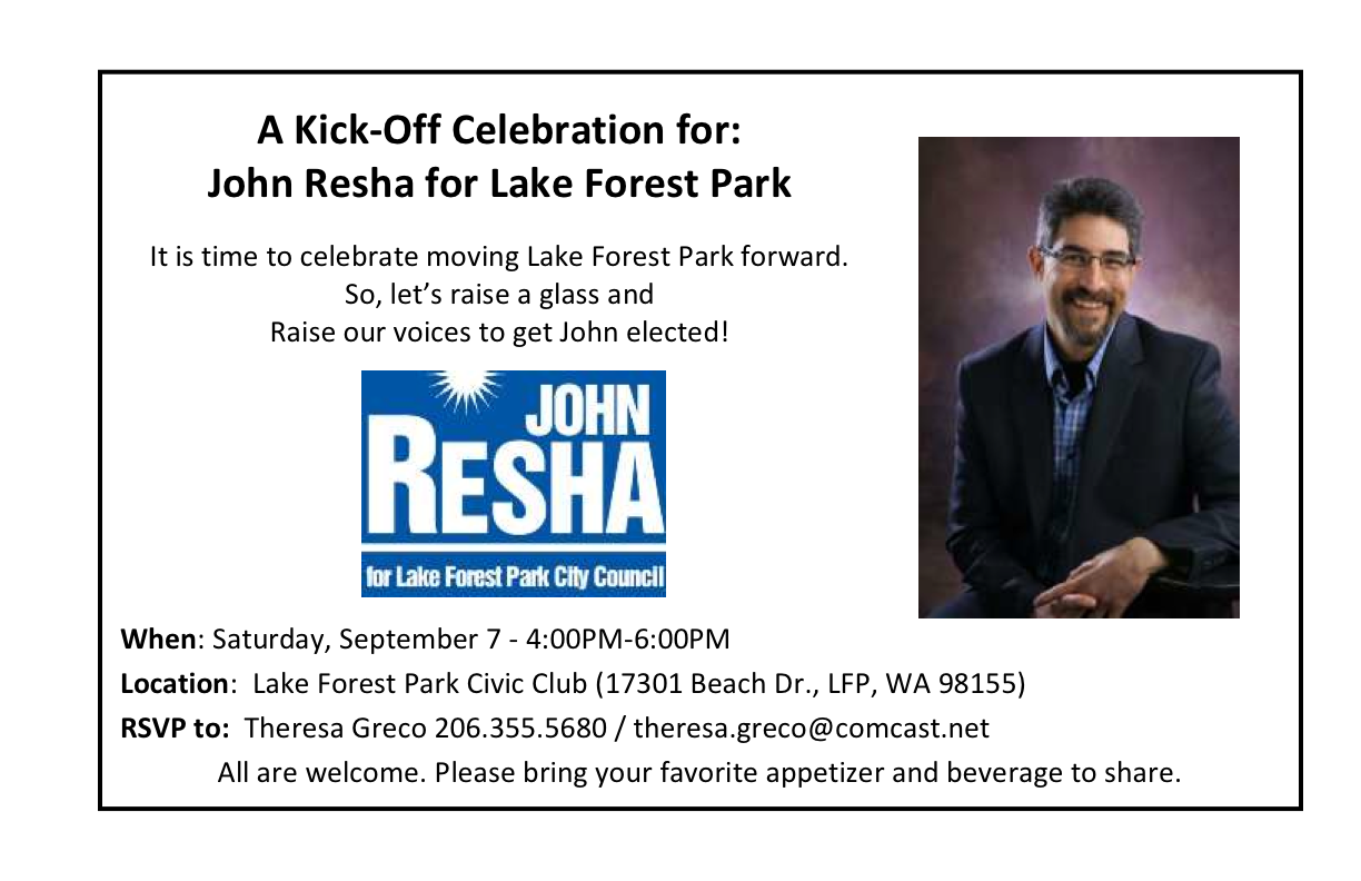 Shoreline Area News: John Resha kick off at Civic Club Saturday