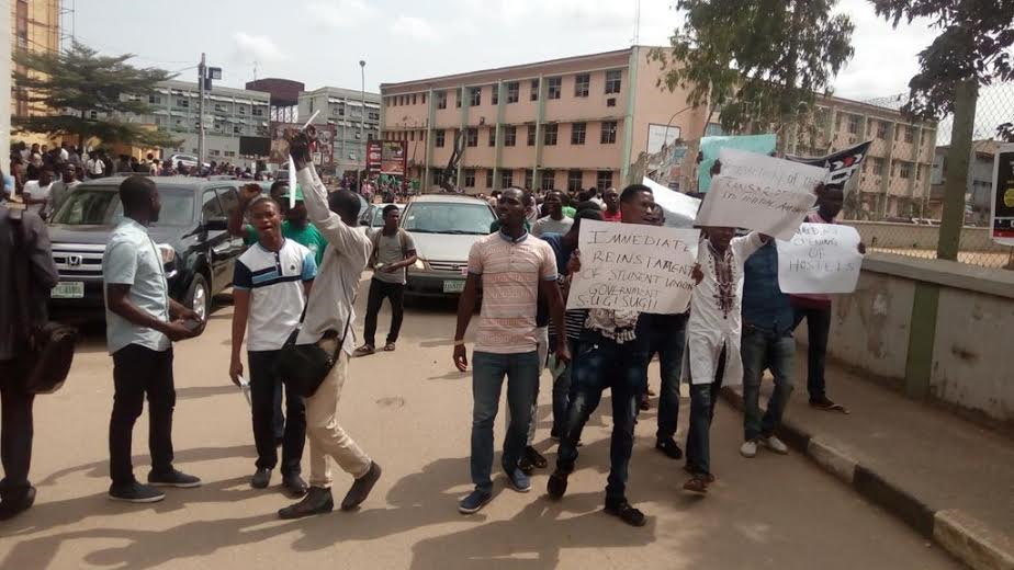 Photos: Yabatech students protest over the closure of their hostels ...