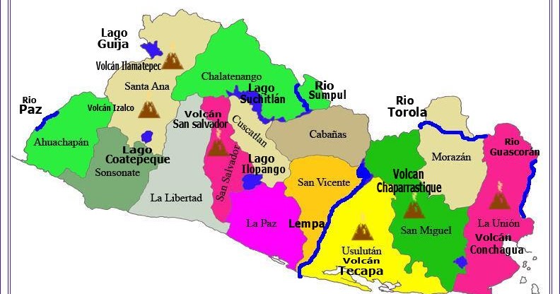 imagenes sv: mapa de el salvador con volcanes, rios y lago ubicacion