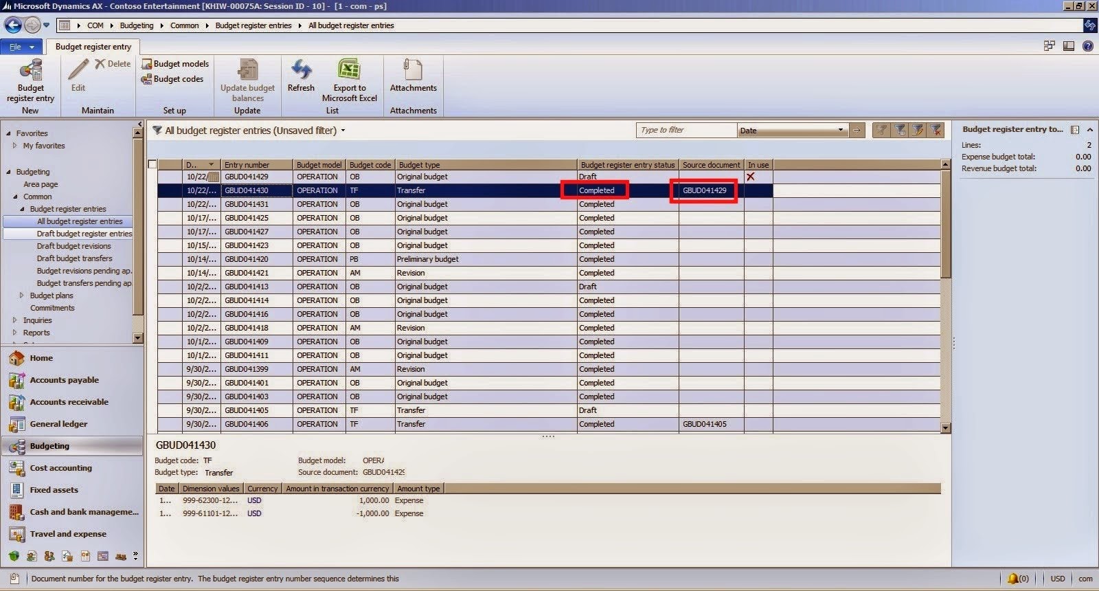 Dynamics AX/365 Fin Ops Functional Help: How to transfer budget from ...