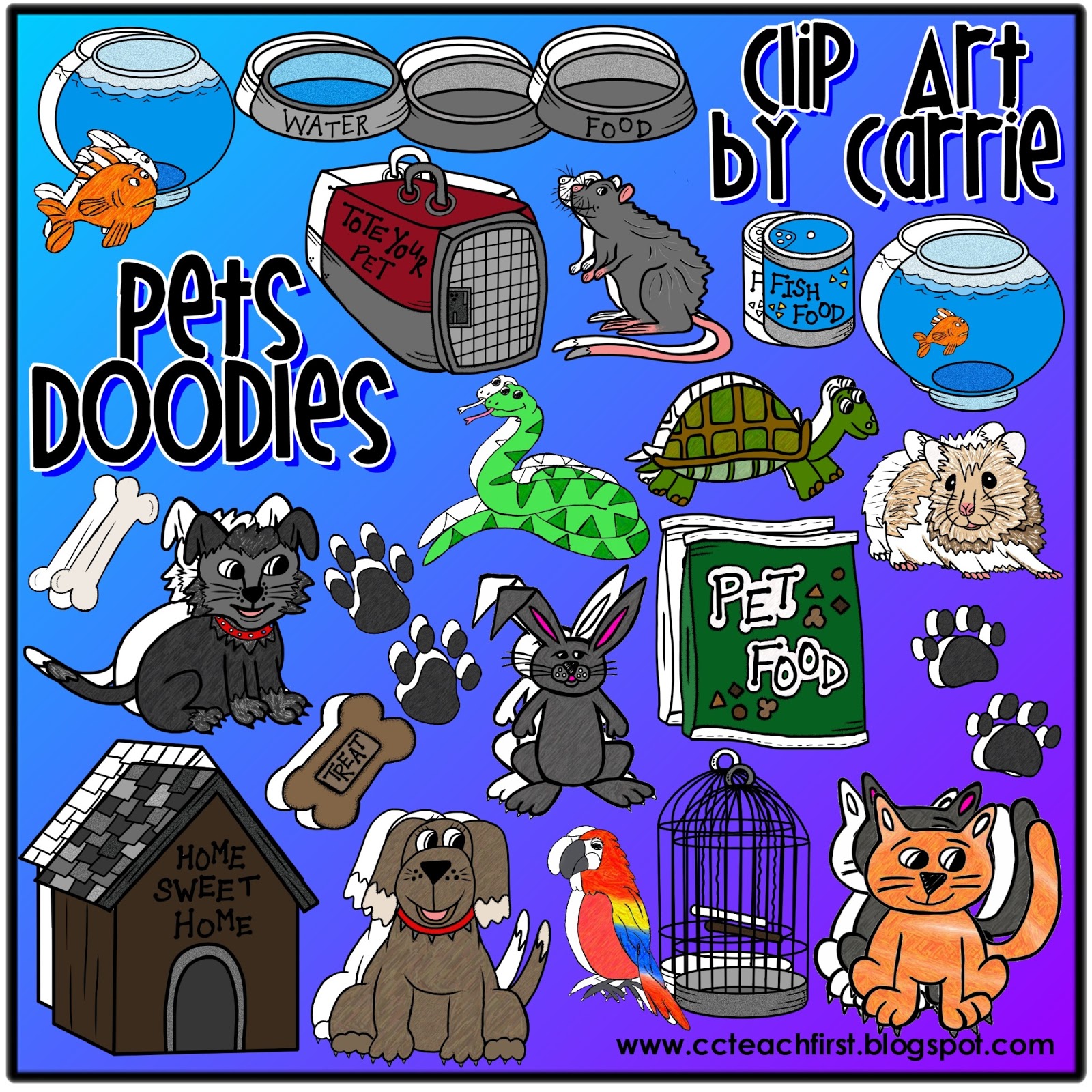 Clip Art by Carrie Teaching First: Pets Doodles with FREEBIE Paw Images