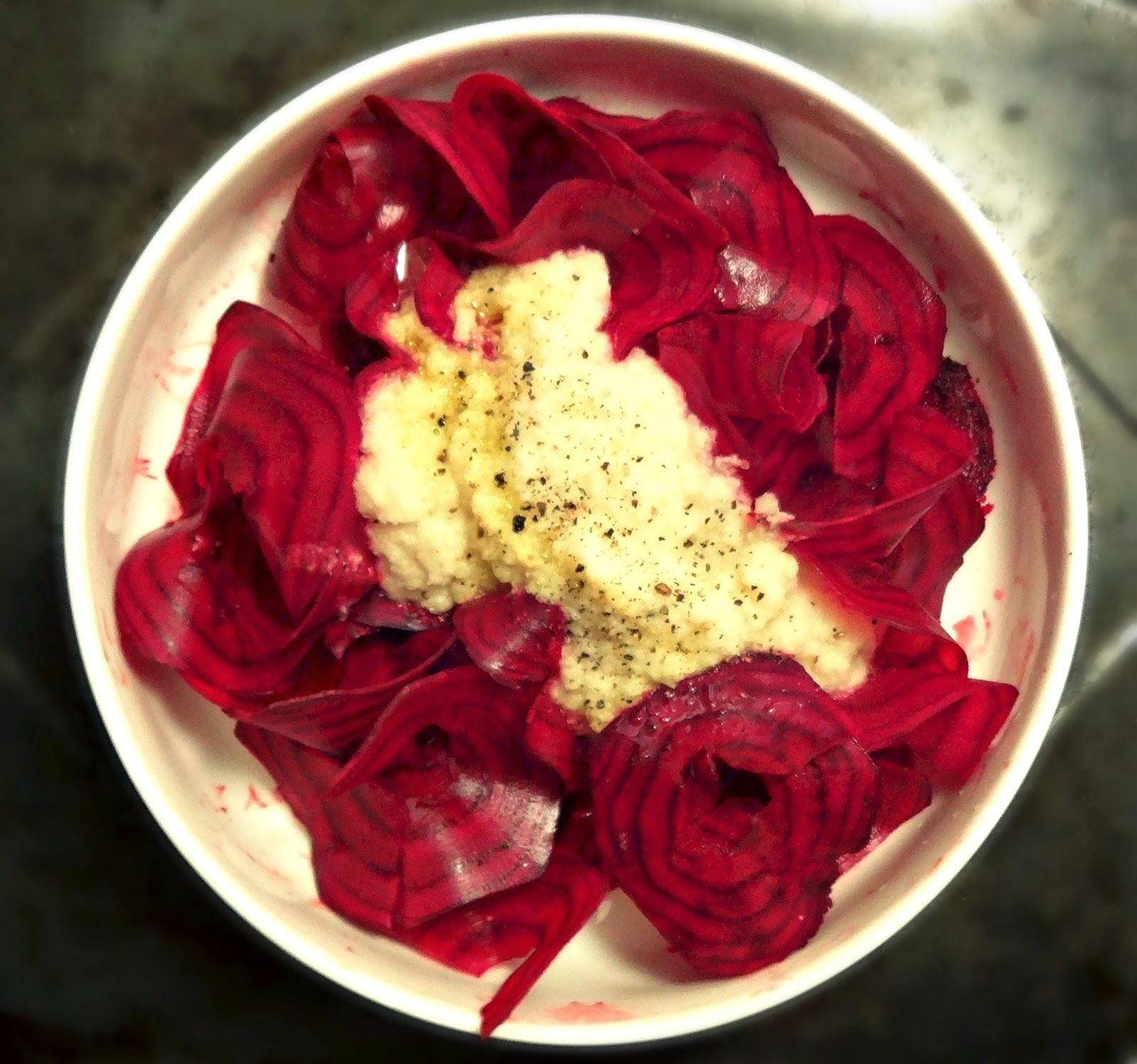 Bed Of Roses (Beet Noodles with Cauliflower Cream) - BAKING BACKWARDS