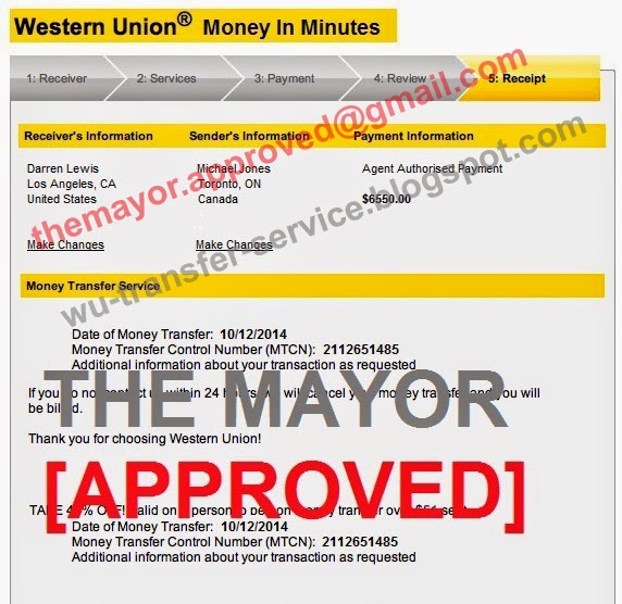 WU TRANSFER SERVICE APPROVED