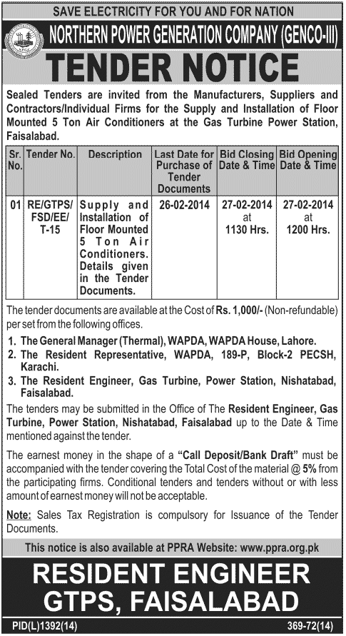 Tender Notice - Northern Power Generation Company ~ Publicpaper ...